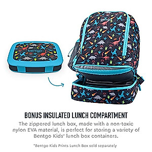 Bentgo® Kids Prints 2-in-1 Backpack & Insulated Lunch Bag - Durable, Lightweight, Colorful Prints for Girls & Boys, Water-Resistant Fabric, Padded Straps & Back, Large Compartments (Dinosaur)