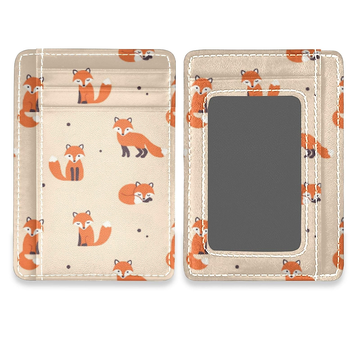 Linomo Thin leather Card Holder and Money Clip Cute Animal Fox Pattern Wallet RFID Blocking for Men & Women