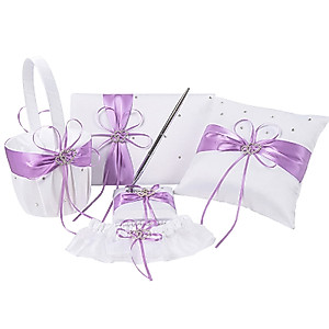 ARKSU 5pcs Wedding Sets Flower Girl Basket + Ring Bearer Pillow + Guest Book with Pen + Pen Set Holder + Bride Garter, Double Heart Rhinestone Decor for Rustic Bridal Shower-Lavender