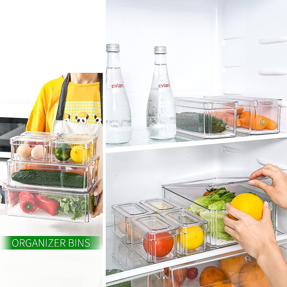 Pure Future Set of 10 Refrigerator Organizer Bins Stackable with Lids, Fridge Organizers and Storage Clear, BPA-Free, Fridge Storage Containers for Fruits & Vegetables