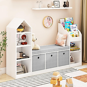 Vabches Toy Storage Organizer for Kids Bookshelf with Reading Nook, Multifunctional Kids Bookcase with 9 Storage Cubbies 3 Drawers and Large Seat Cushion for Keeping Kids' Toys Books Organized, White
