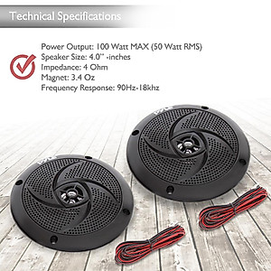Pyle Marine Speakers - 4 Inch 2 Way Waterproof and Weather Resistant Outdoor Audio Stereo Sound System with 100 Watt Power and Low Profile Slim Style Design - 1 Pair - PLMRS4B (Black)