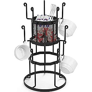 Auledio 3 Tier Countertop Tree Stand Organizer with Storage Basket,15 Mug Capacity Holder for Coffee, Glasses, and Cups, Black