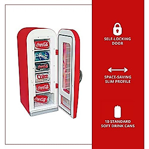 Coca-Cola Retro Vending Machine Style 10 Can Mini Fridge with Display Window, AC/DC Portable Beverage Cooler for Soft Drink Cans, Includes 12V and AC Cords, for Home Office Dorm Cottage, Red