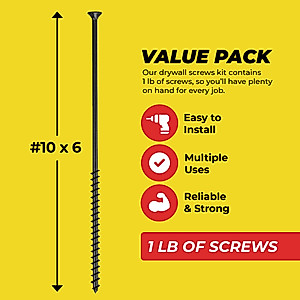 Qualihome #10 Coarse Thread Sharp Point Drywall Screw with Phillips Drive #2 Bugle Head, 1 Lb/Pound, Black, Ideal Screw for Drywall Sheetrock, Wood and More (6 Inch)