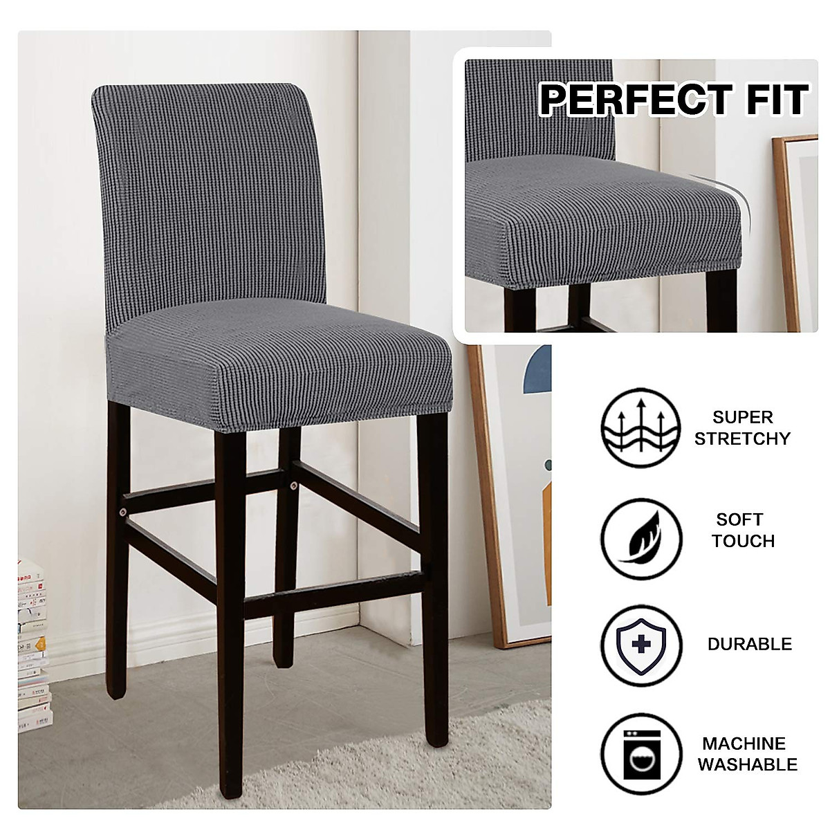 Flamingo P Stool Covers Bar Chair Seat Cover Counter Slipcovers with Backs Removable Washable for Home Set of 4, Gray