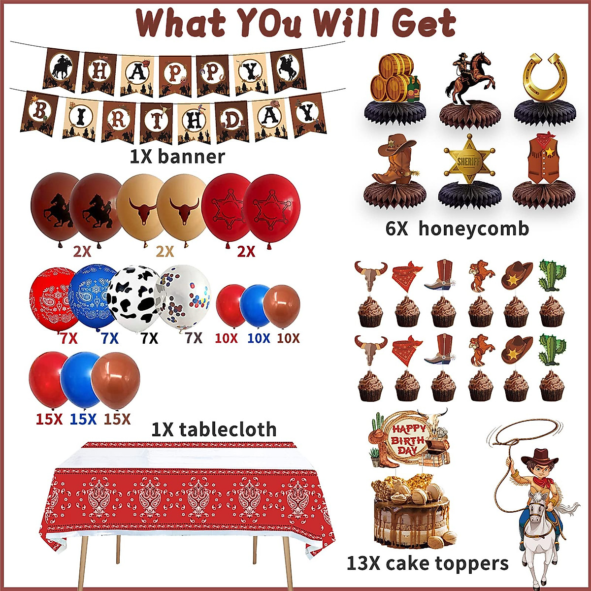 133pcs Western Cowboy Birthday Party Decoration Supplies Western Themed Party Decorations include Balloon Arch Garland & Honeycomb Centerpieces Tablecloth Cake Toppers for Father's Day Decorations