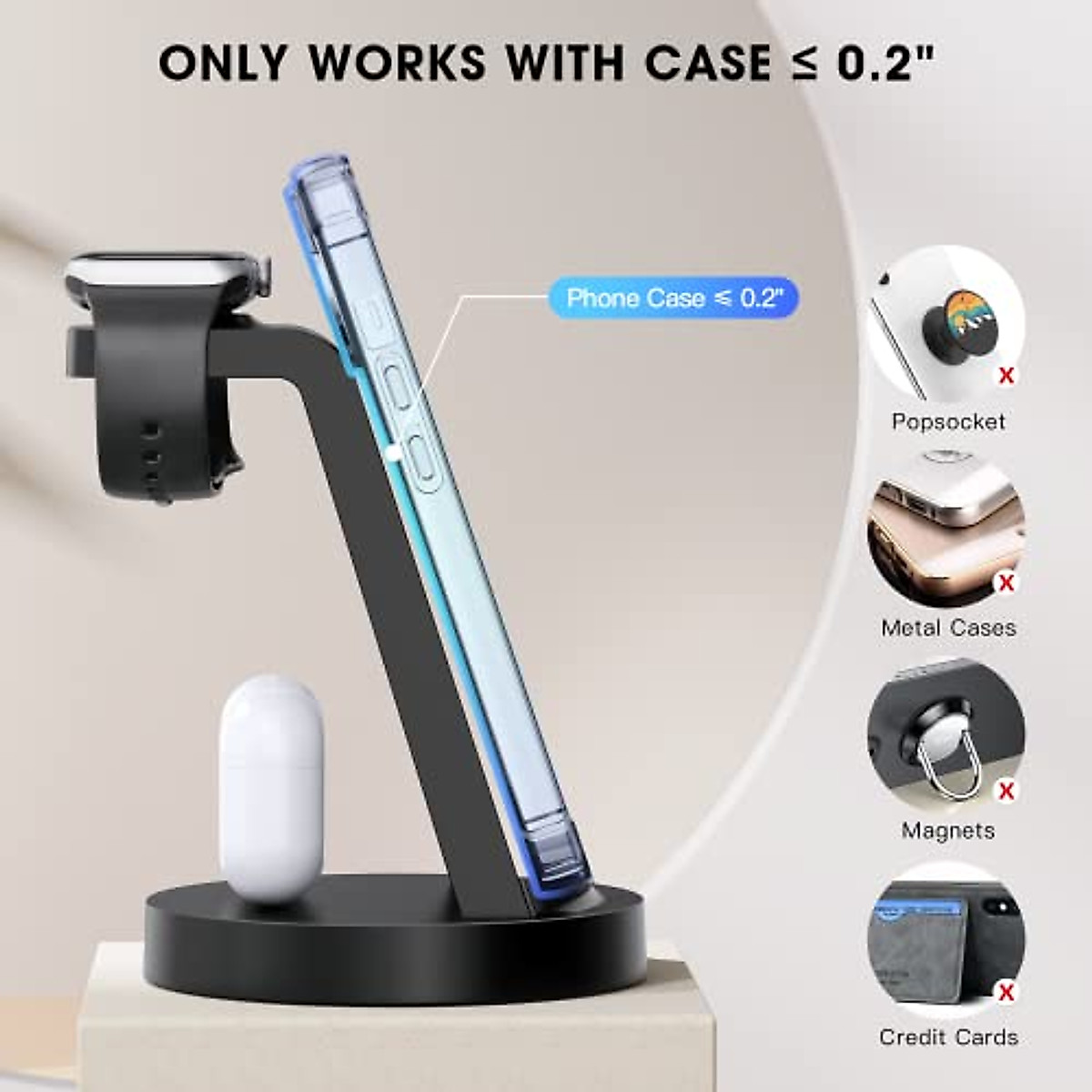 3 in 1 Charging Station for iPhone, Wireless Charger for iPhone 14 13 12 11 X Pro Max & Apple Watch - Charging Stand Dock for AirPods