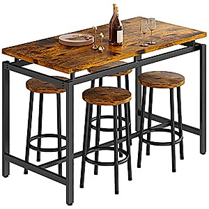 AWQM Bar Table Set,Kitchen Pub Table with 4 Stools, 5 Pieces Dining Table Set, Breakfast Table of 47.2 x 23.6 x 34.6 Inches, Stool of 11.8 x 11.8 x 23.8 Inches Each, Rustic Brown & Black