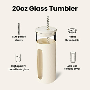 BOTTLE BOTTLE Glass Tumbler with Straw and Lid, 20 oz Glass Water Bottles, Reusable Iced Coffee tumbler, Smoothie Cup, Wide Mouth Glass Cup with Silicone Sleeve, BPA FREE (Earth tone)