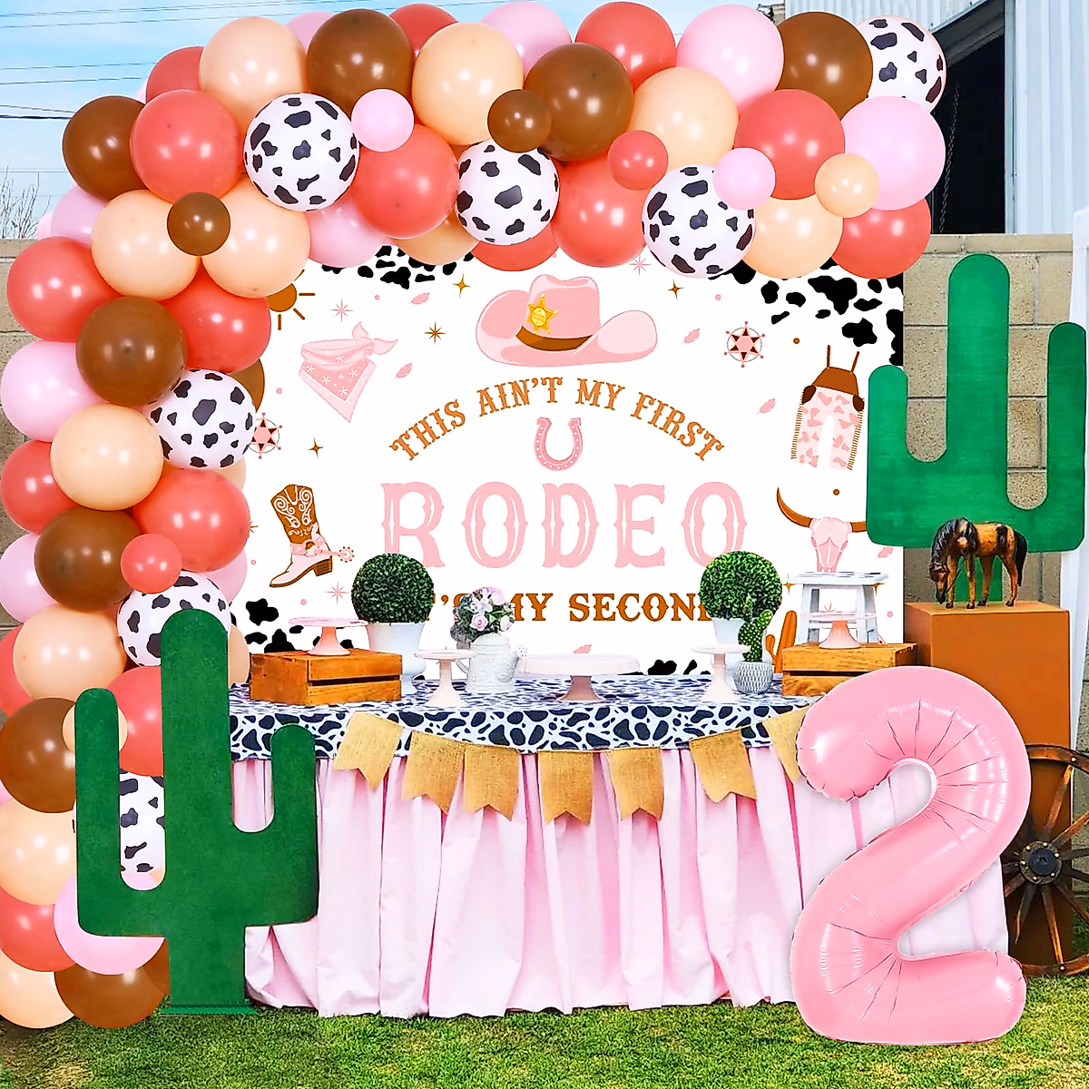 JOYMEMO My 2nd Rodeo Birthday Decorations Girl - Boho Cowgirl Balloon Garland Arch Kit with This Ain't My First Rodeo Its My Second Birthday Backdrop, Number 2 Foil Balloon for Western Party Supplies