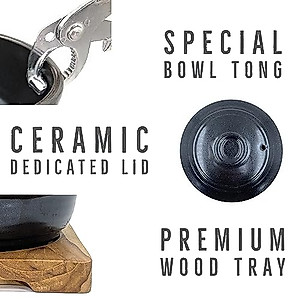 JOVELY Korean Cooking Premium Ceramic Stone Bowl(Dolsot or Ddukbaegi) Diameter 6.3'' High 2.95'' Sizzling Hot Pot for Korean food such as Bibimbap and Soup (with Lid, Wood Tray and Bowl Tongs Set)