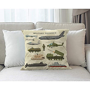 EKOBLA Military Technics Throw Pillow Cover Camouflage Army Transport Plane Armored Tank Helicopter Submarine Pillow Covers for Living Room Sofa Indoor Home Decor Cotton Linen 16x16 Inch