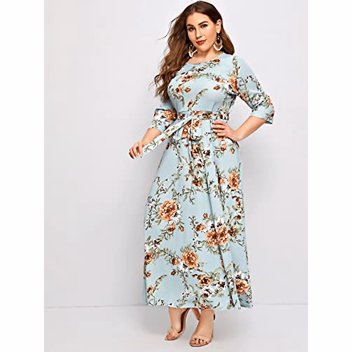 WDIRARA Women's Plus Size Floral Print Round Neck Belted A Line Flared Dress Mint Green 1XL