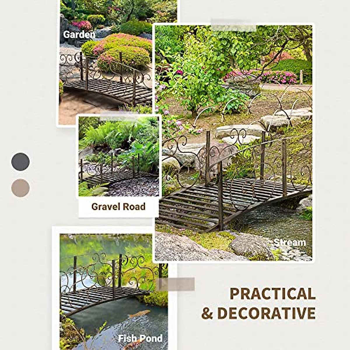 Outsunny 6' Metal Arch Backyard Garden Bridge, Safety Siderails, Arc Footbridge for Backyard Creek, Stream, Pond, Bronze