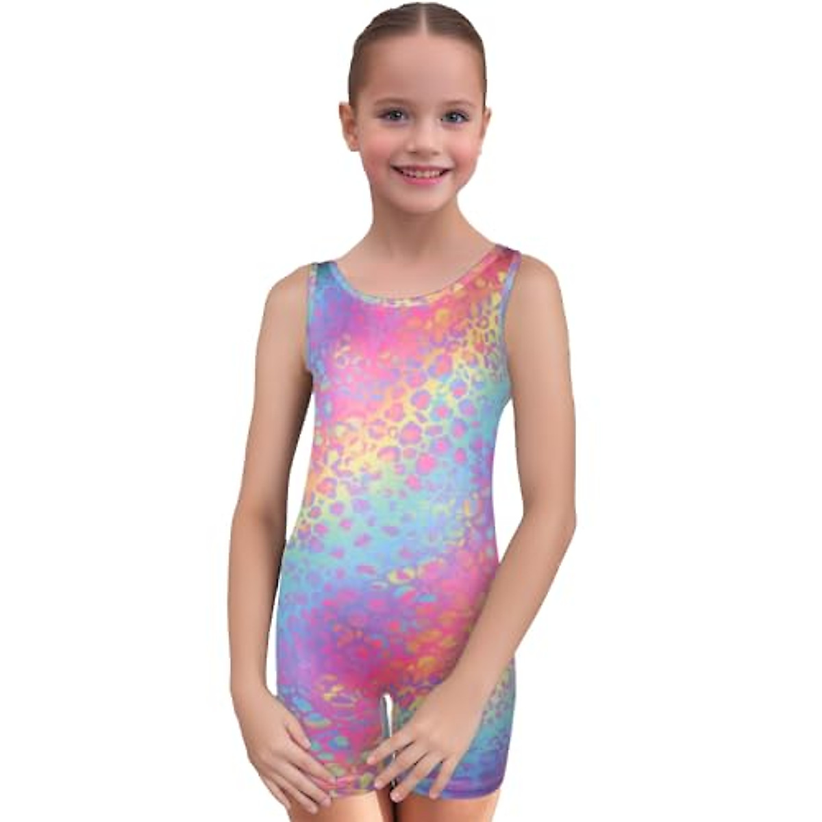 2 Packs Skinny Gymnastics Leotards For Toddler Girls Scoop Neck With Shorts, Little Kids Skinny Colorful Dance Workout Unitards Biketards Tanks Rainbow Leopards