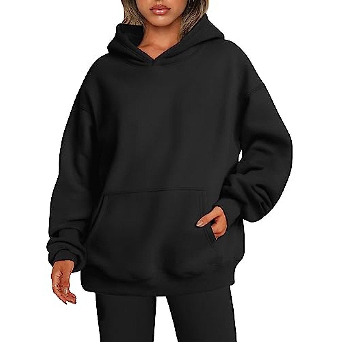 EFAN Womens Crewneck Oversized Sweatshirts Pullover Hoodies Long Sleeve Fleece Sweaters With Pockets Fall Fashion Winter Outfits Y2k Clothes 2023 Teen Girls Clothing Black