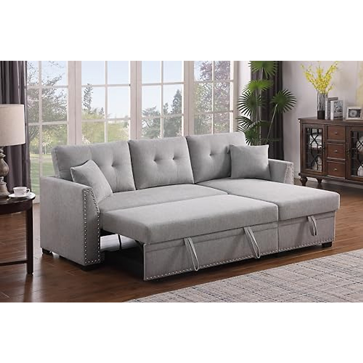 Generic Sleeper Sofa, Sofa Bed- 2 in 1 Pull Out Couch Bed with Storage Chaise with 2 Pillows for Living Room, Linen Fabric Sofa Sleeper with Pull Out Bed Couch,Light Grey
