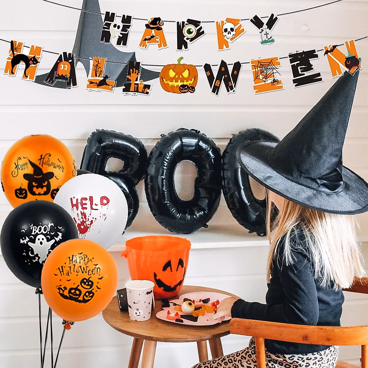 Halloween Balloons Black Orange Latex Balloons, Halloween Party Balloons & Halloween Banner Decorations, Halloween Themed Latex Balloons, Halloween Decorations Set ​for Party Decorations