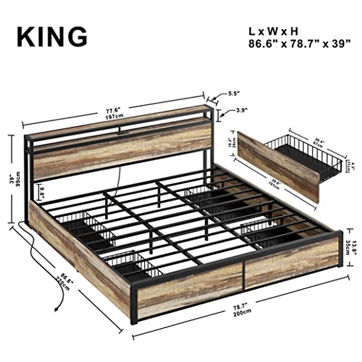 LIKIMIO King Bed Frame with Storage Drawer, 2-Tier Storage Headboard with Charging Station, No Box Spring Needed, Easy Assembly, Rustic Brown