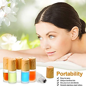 10 Piece Frosted Glass Roller Bottle Bulk with Imitation Wood Grain Plastic Cap for Essential Oils Roll-on Bottle with Stainless Steel Roller Ball, 10 Piece Plastic Pipette and 2 Piece Funnel (5ml)