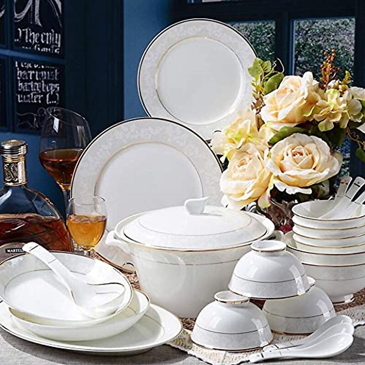 GagalU Dinnerware Set,52 Pieces Ceramics Phnom Penh Plates Bowls Combination Bone China Embossed Pattern Dinnerware Set for Banquet