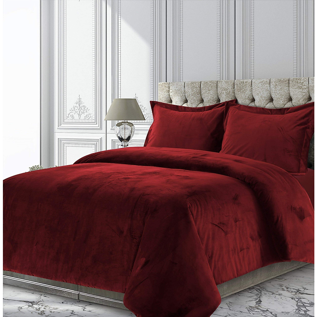 Opulence Bedding 3Pcs Velvet Lush Duvet Cover Set (1 Duvet Cover + 2 Pillowcases) Complete Bedding Set (Cal-King, Burgundy)