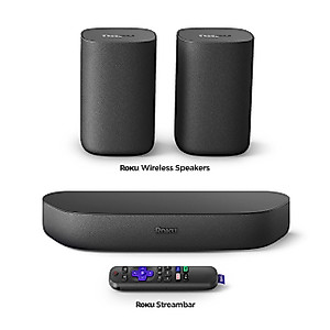 Roku Streambar Wireless Speakers | 4K HDR Streaming Device & Premium Soundbar All in One, Two Wireless TV Speakers, Voice Remote, Free & Live TV