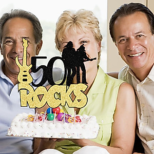 Sleyberoy Rocks 50 Cake Topper - Glitter Fabulous Fifty Years Birthday Party、Happy 50th birthday Theme party cake decorations（Rocks 50)
