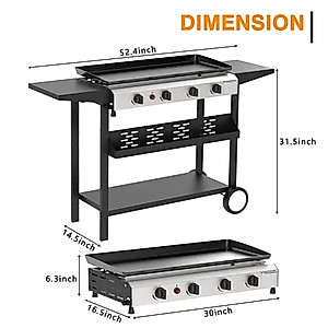 ADREAK 30 Inch 4 Burner BBQ Gas Grill Griddle, Stainless Steel Portable Detachable 40,000 BTU Table Top Propane Barbecue Grill for Camping or Tailgating (Only Griddle)