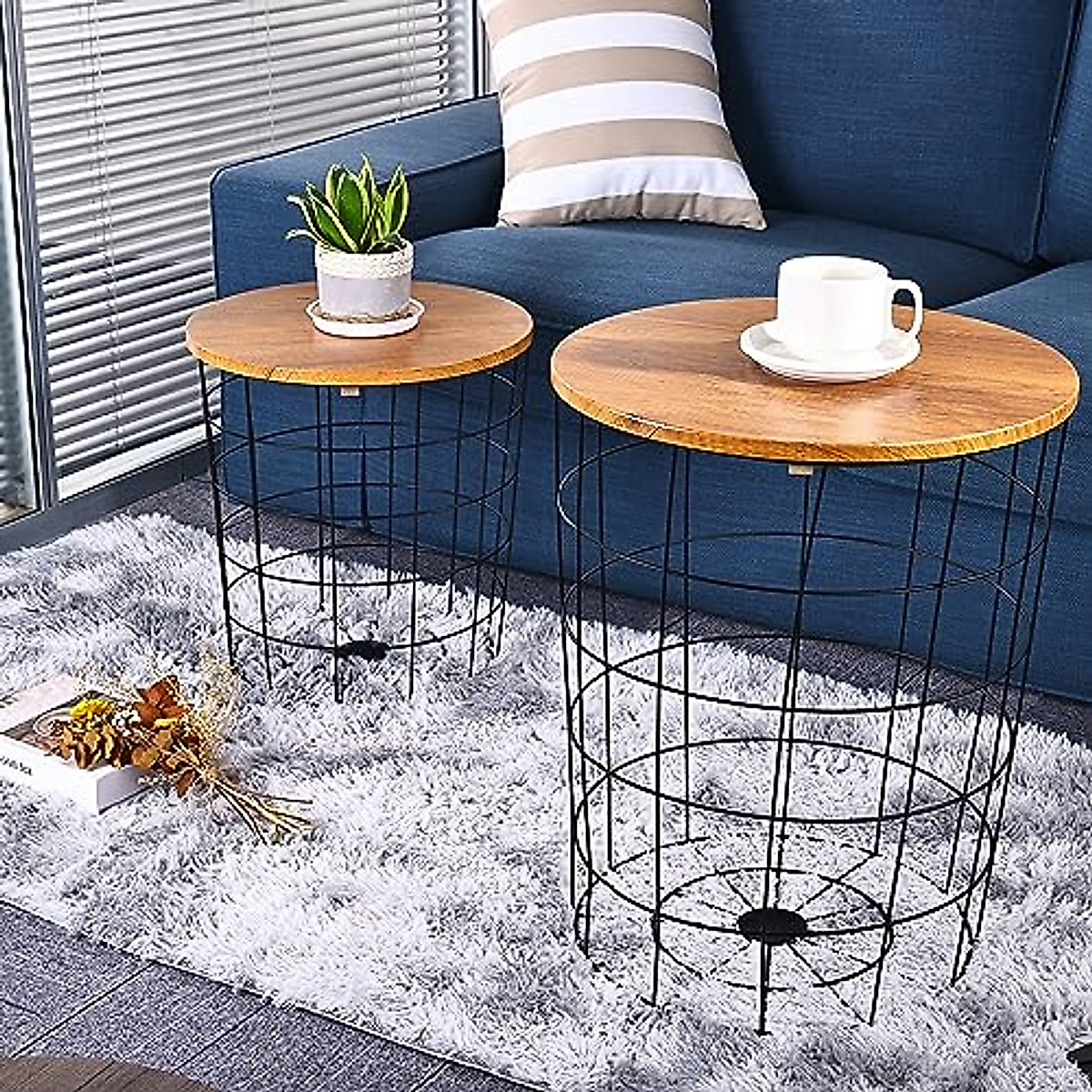 Elevon Wire Basket Base with Wood Tops Side Table Set of 2, Brown