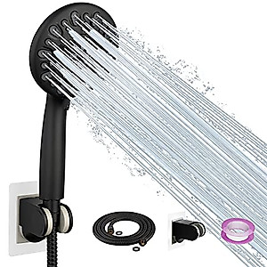 7-Spray Shower Heads with Handheld, High Pressure Hand Shower Head 5’’ Matte Black Face, 79-inch Stainless Steel Hose, Adhesive Shower Head Holder, 7 Functions Powerful Shower Spray Head Set