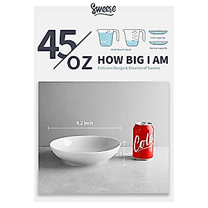 Sweese Porcelain Pasta Bowls, 45 Ounce Large Salad Serving Bowls, Wide and Shallow Bowls Set of 4, Microwave and Dishwasher Safe, White, No. 113.101