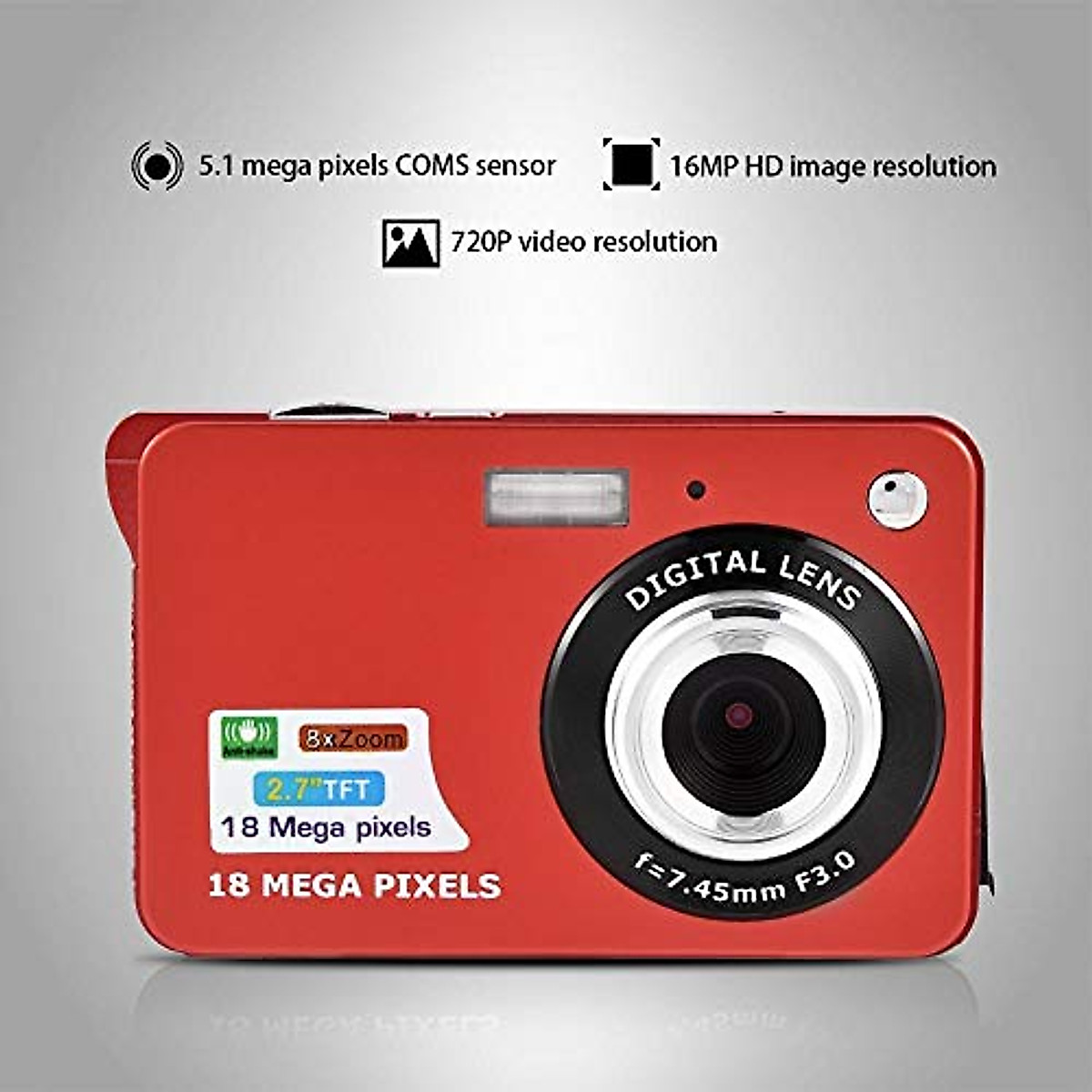 2.7 Inch Digital Video Camera, Mini Compact Digital HD Camera for Backpacking, 8X Automatically Digital Zoom, 5MP Full High Definition, Face Detection and Smile Capture Function, SD Card Storage(Red)