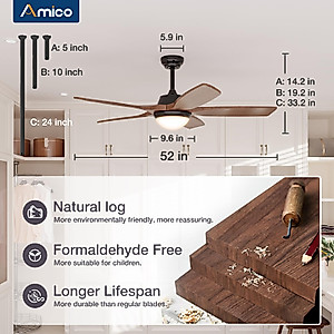 Amico Ceiling Fans with Lights, 52 inch Indoor/Outdoor Ceiling Fan with Remote Control, Reversible DC Motor, 5 Blades, 3CCT, Dimmable, Damp Rated Wooden Ceiling Fan for Bedroom, Patio, Porch