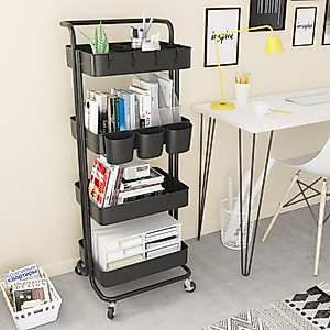 Devo 4 Tier Utility Rolling Cart, Heavy Duty Storage Cart, with Handle, 4 Side Hooks, 2 Storage Cups and Lockable Wheels, Organizer Cart for Bathroom Kitchen Office Classroom, Black