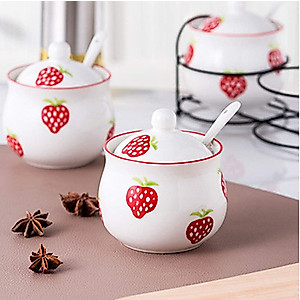 Mathew Hand-painted Strawberry Ceramic Seasoning Jar Condiment Pot Sugar Bowl with Lid and Spoon