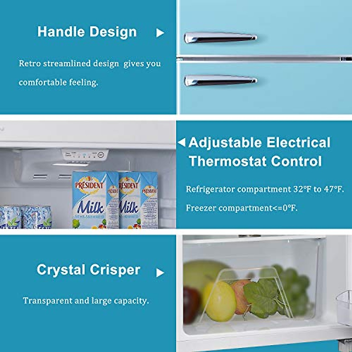 Galanz GLR12TBEEFR Refrigerator, Dual Door Fridge, Adjustable Electrical Thermostat Control with Top Mount Freezer Compartment, Retro Blue, 12.0 Cu Ft