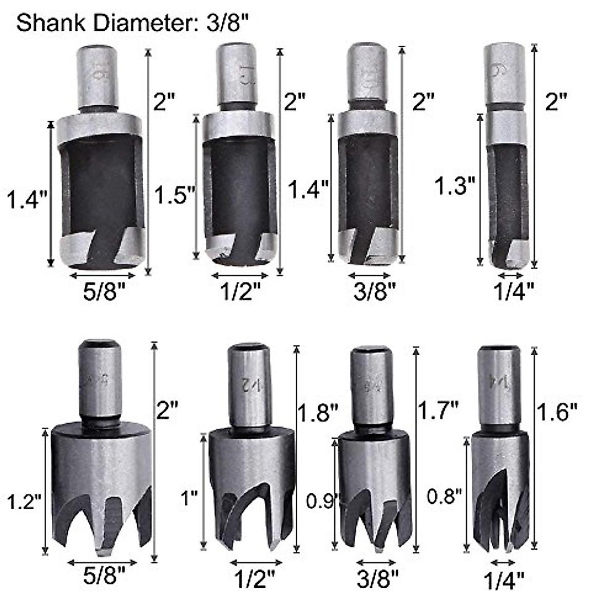 Eagles 14-Pack Woodworking Tool Set, 8PCS 5/8" 1/2" 3/8" 1/4" Carbon Steel Wood Plug Cutter Drill Bit Set and 6pcs 1/4" Hex Shank HSS 5 Flute 90 Degree Countersink Drill Bits
