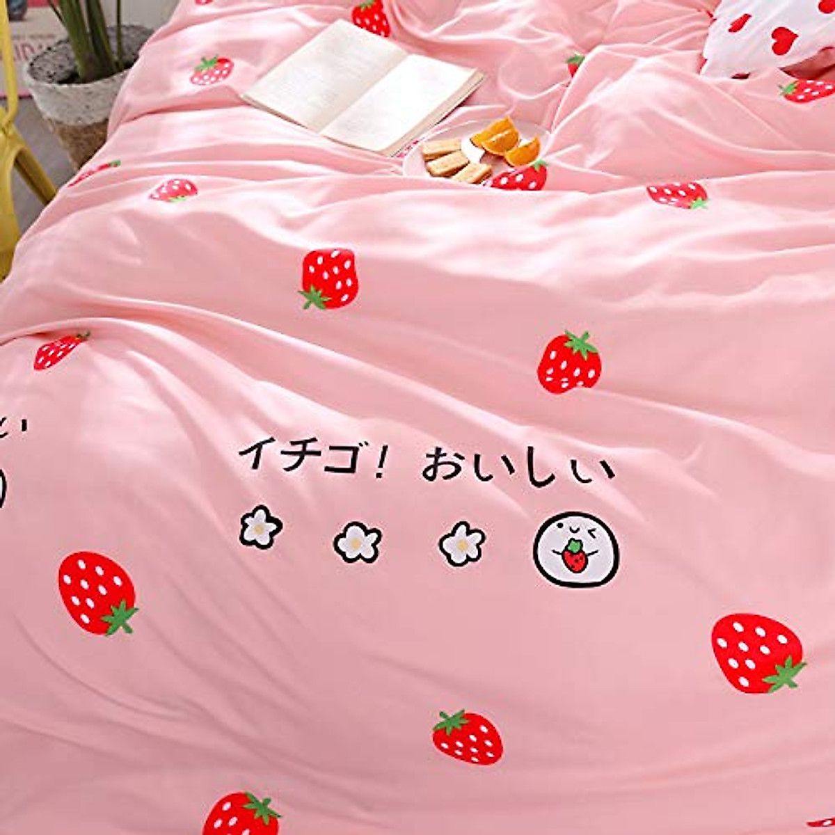 Kimko Girls Strawberry Bedding Set- Teens Reversible Red Strawberry Pattern & Pink Cover,Breathable (4Pcs -1 Duvet Cover Set + 1 Flat Sheet + 2 Pillowcases) (Full, # Strawberry)