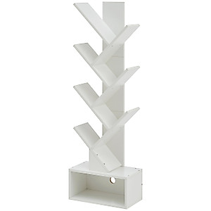 Hoctieon 6 Tier Tree Bookshelf, Tall Bookcase with Drawer, Freestanding Book shelf, Display Floor Standing Storage Shelf, Book Organizer Shelves for Home Office, Living Room, Bedroom, White