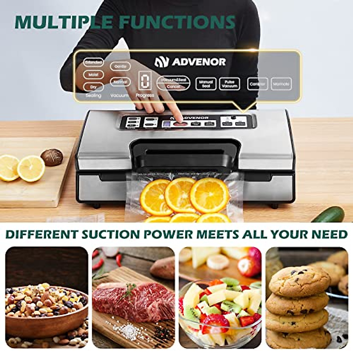 ADVENOR Vacuum Sealer Pro Food Sealer with Built-in Cutter and Bag Storage Includes 2 Bag Rolls 8"x16'and 11"x16' Handle Lock Design 90kpa Double Heat Seal For Food Preservation