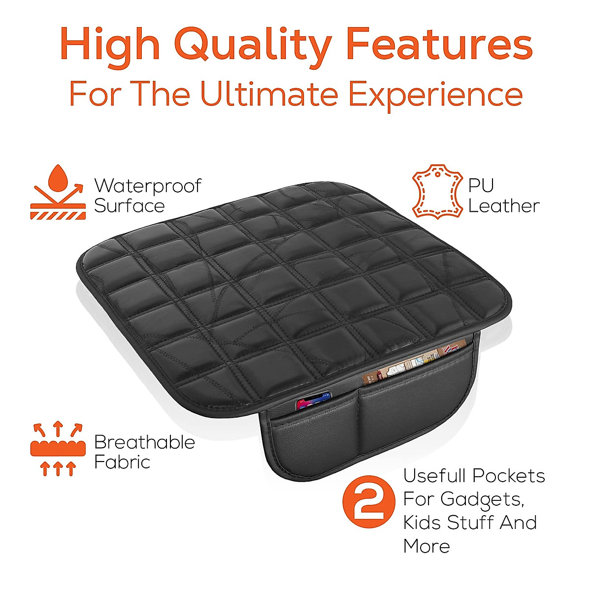 Trobo Seat Cushion, Non-Slip PU Leather Car Support Pillow for Driving Seat with 2 Pocket Organizer, Memory Foam Comfort Chair Pad Protector for Lower Back Pain Relief, for Long Trips, Home & Office