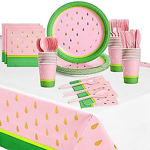 145-Pieces Pink Watermelon Party Supplies for Birthday, Baby Shower, Summer Decorations, Set includes Paper Plates, Napkins, Cups, Cutlery, and Tablecloth (Serves 24)