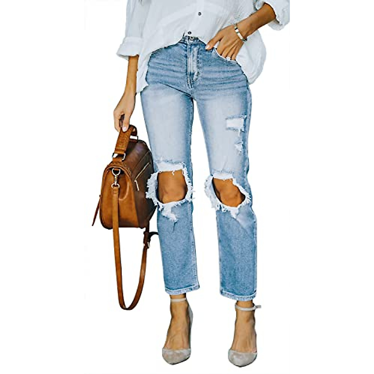 MINGALONDON Ladies Ripped Mom Jeans High Waisted Distressed Stretchy Boyfriend Denim Pants Light Blue L