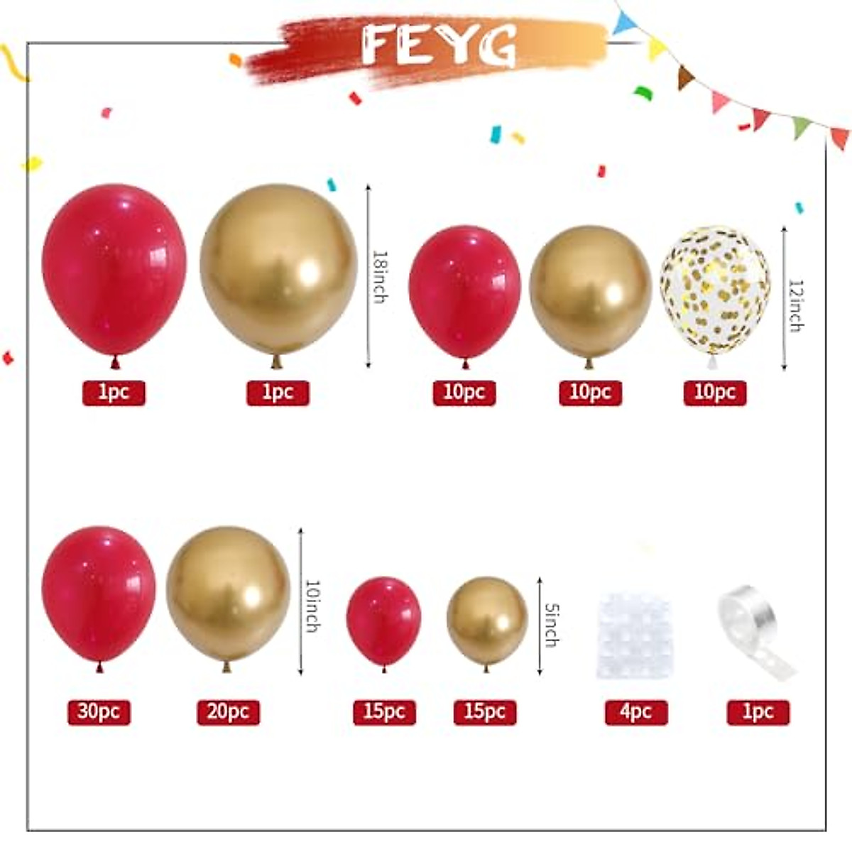 Red Gold Balloons Garland Arch Kit, 18/12/10/5 inch Red Metal Gold Latex Balloon Set with Gold Confetti Balloons for Graduation Baby Shower Wedding Valentine's Day Birthday Anniversary Supplies