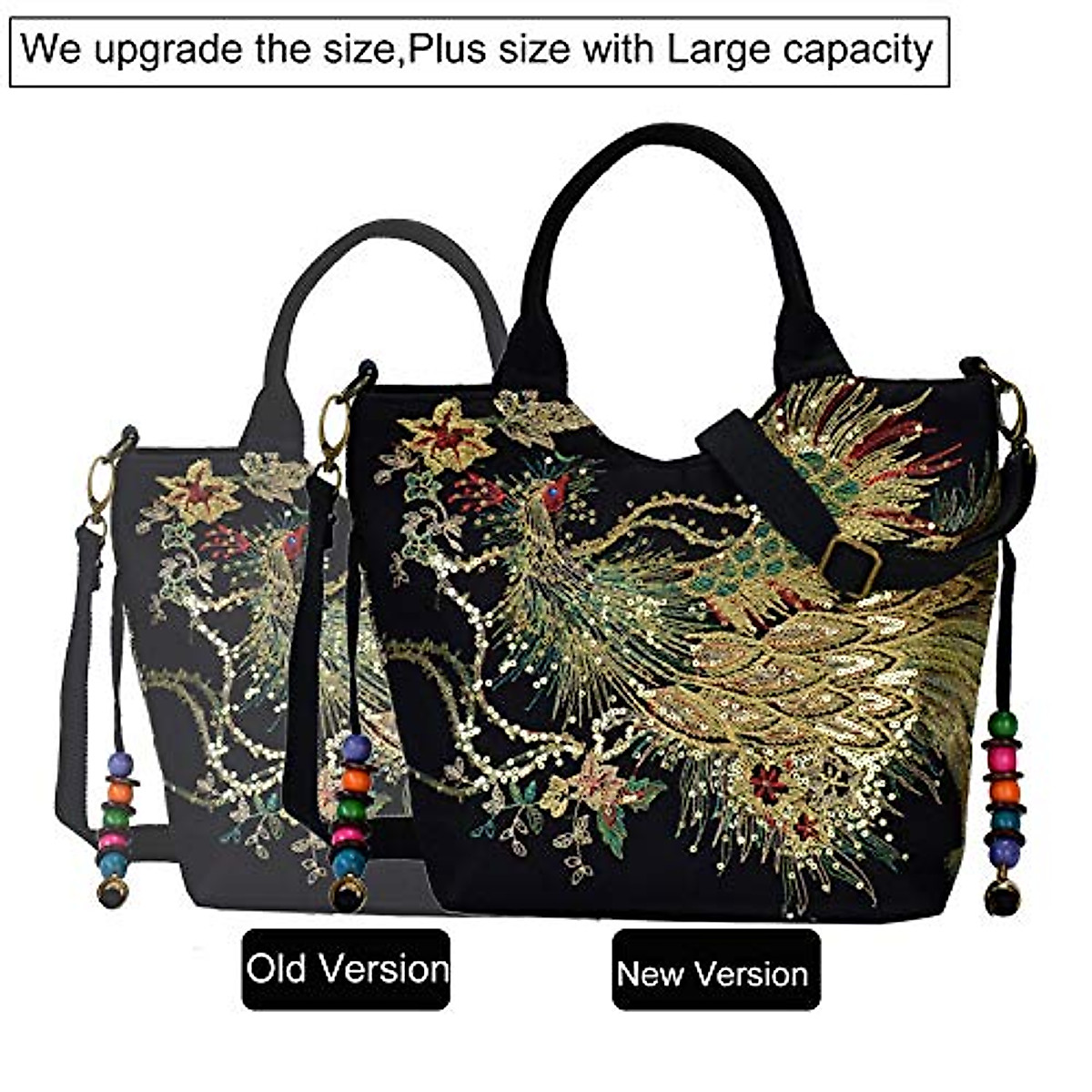 Shoulder Handbags for Women,Ladies Ethnic Travel Hobo Bags Tote with Bling Sequins Phoenix Embroidered