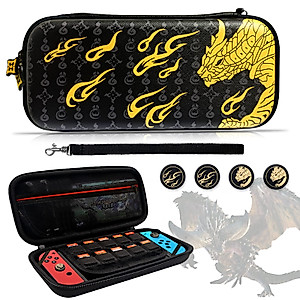 Frusde for Switch Carry Case Monster Hunter Rise, Portable Carrying Case for Switch with 4 MHR Silicone Thumb Grip Caps, Travel Case Cover with 10 Playing Card Slots for Switch Console & Accessories