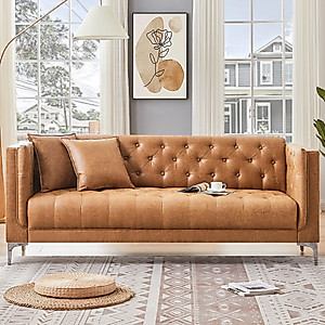 HIFIT 79'' Modern Sofa Couches for Living Room, 3 Seater Sofa with Deep Seats and 2 Pillows, Handmade Button Tufted Leather Couch for Apartment | Office 79''W x 30''D x 30''H, Brown