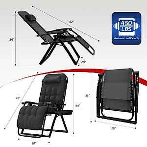Elevens Oversized Zero Gravity Chair, 28in Reclining Patio Lounge Chair with Removable Cushion & Tray, Adjustable Headrest, Support 450 lbs, Black